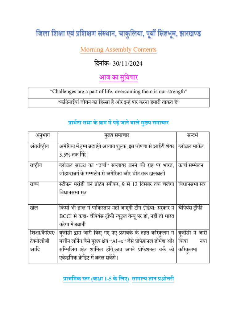Morning Assembly Content 30-11-2024 | PDF