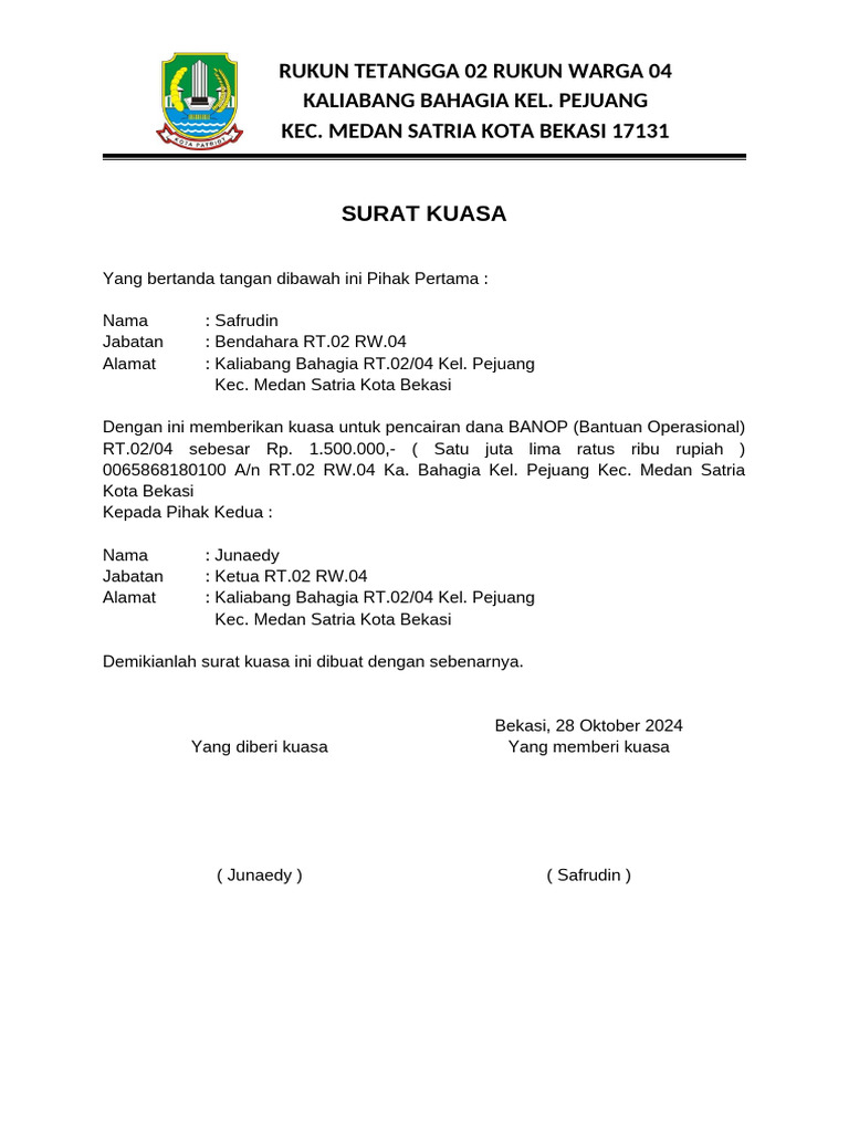 (Surat Kuasa) RUKUN TETANGGA 02 RUKUN WARGA 04 | PDF