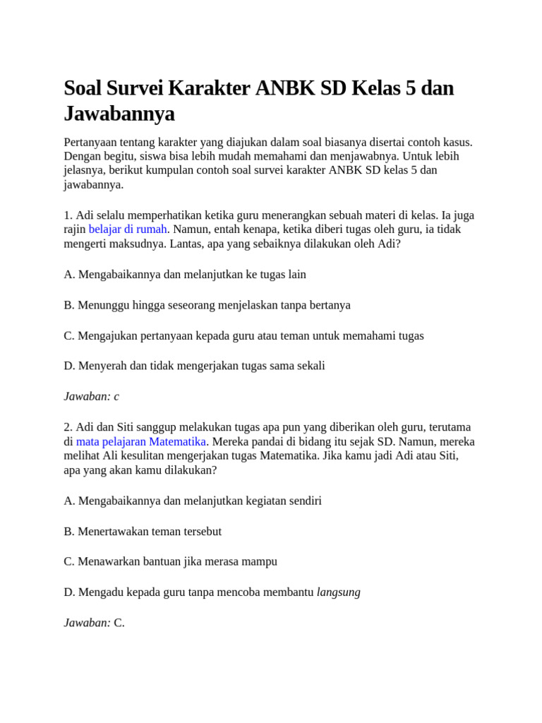 Soal dan Jawaban Survei Karakter ANBK SD | PDF
