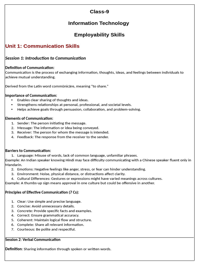 Class-9 IT Notes Employability Skills | PDF | Communication ...