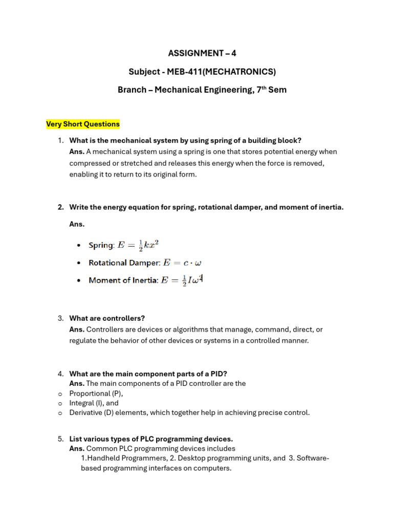 Mechatronics Assignment Controllers Systems Pdf Capacitor