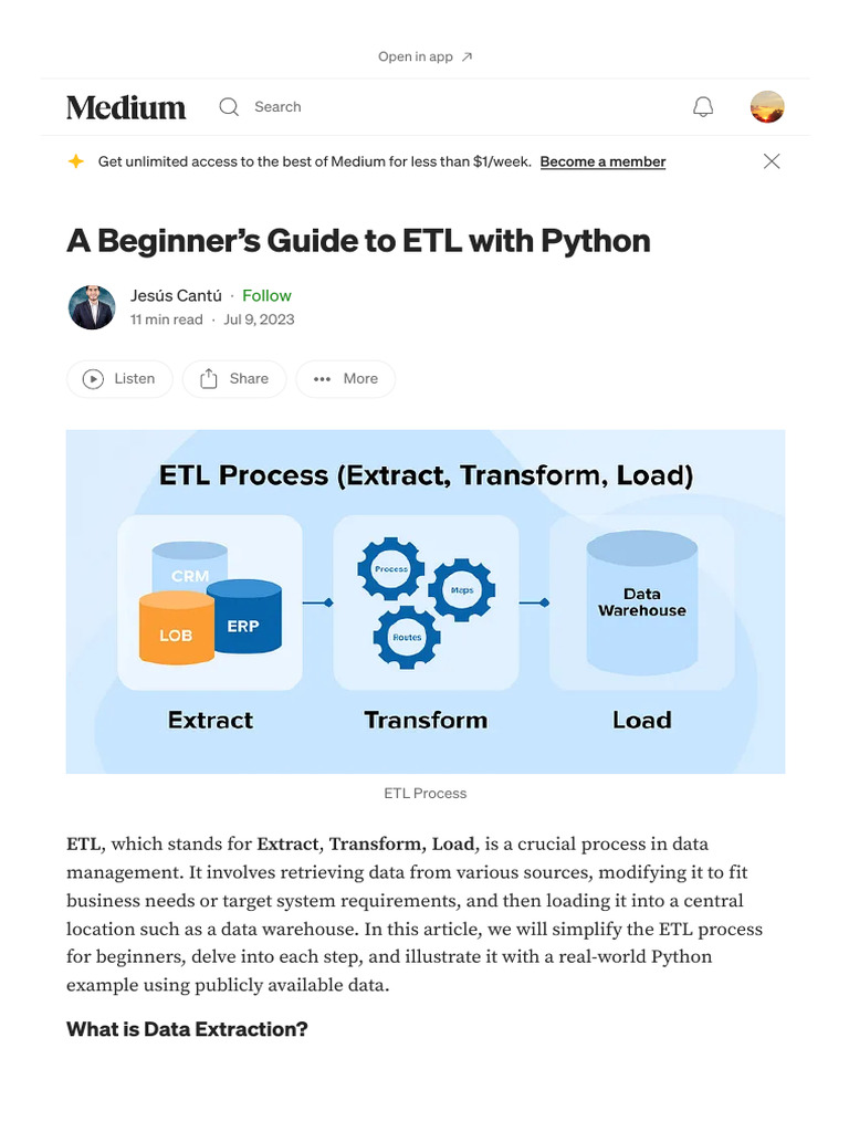 A Beginner's Guide To ETL With Python - by Jesús Cantú - Medium | PDF | Data | Computing