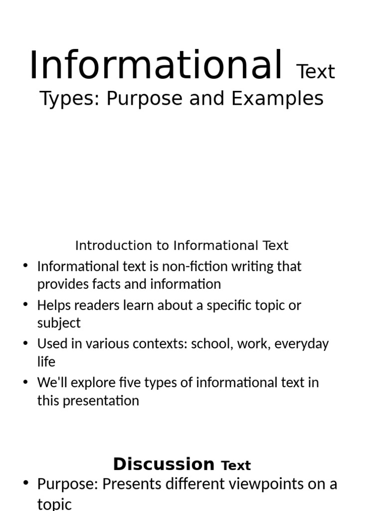 Informational Text Types Purpose and Examples | PDF | Reading ...
