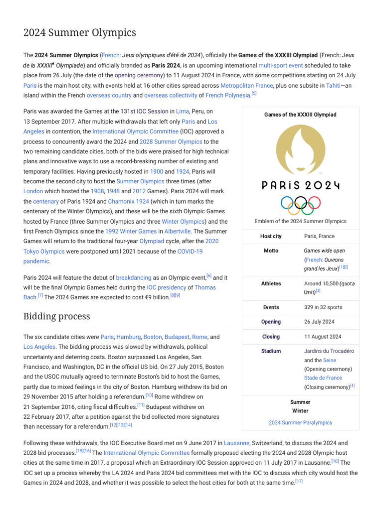 2024 Summer Olympics - Wikipedia | PDF | Sports | Summer Olympic Games