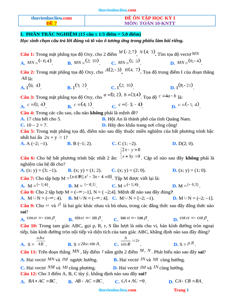 De On Tap HK1 Toan 10 KNTT de 7 Hay | PDF