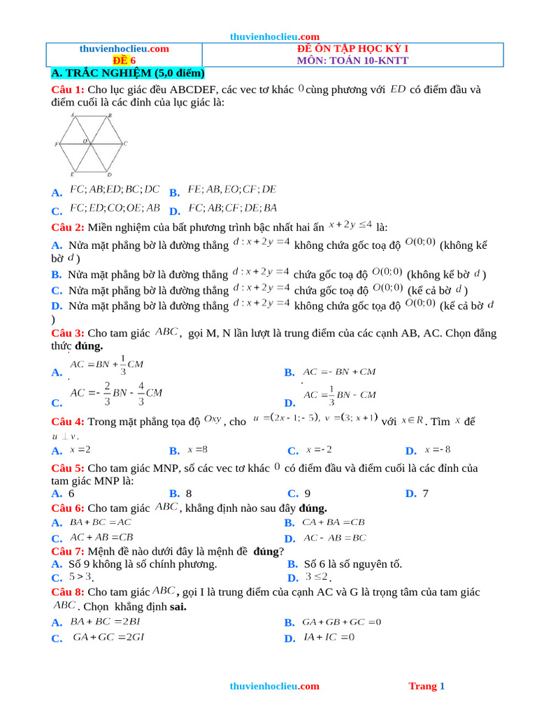 De On Tap HK1 Toan 10 KNTT de 6hay | PDF