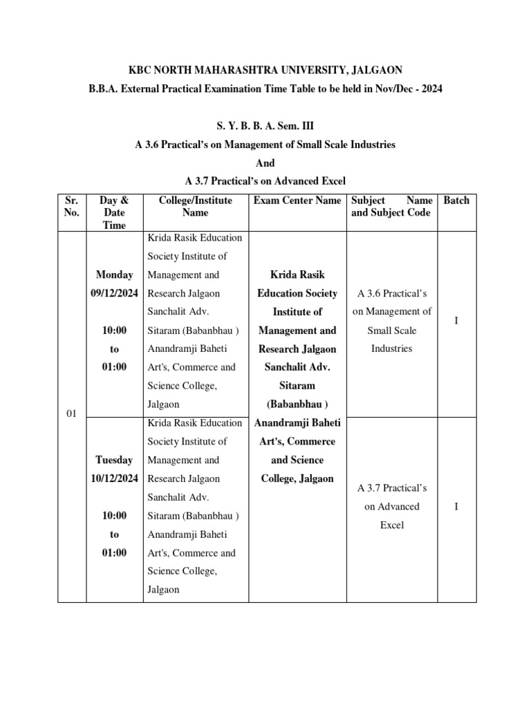 External Pract. Ime Table SY BBA - Sem III A 3.6, A 3.7 Nov.2024 | PDF