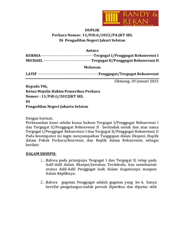 Contoh Duplik Perdata 2024 | PDF