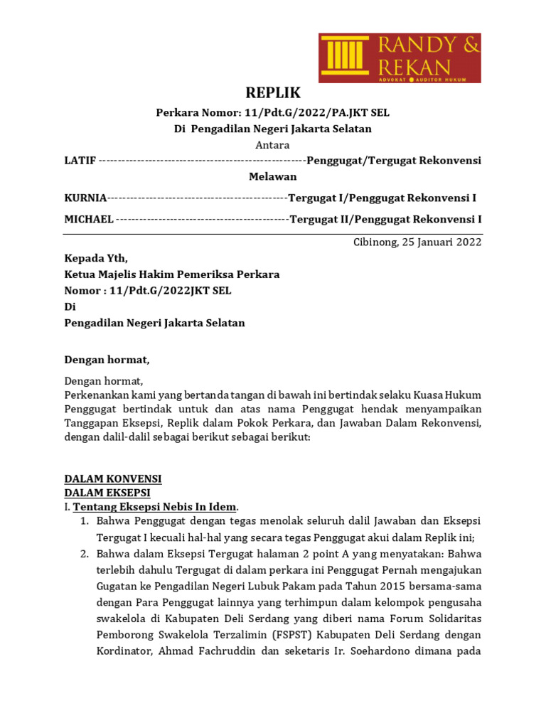 Contoh Replik Perdata 2024 | PDF