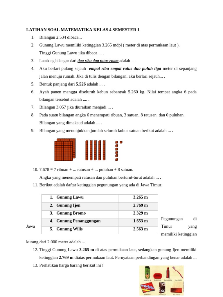 Latihan Soal Matematika Kelas 4 Semester 1 | PDF