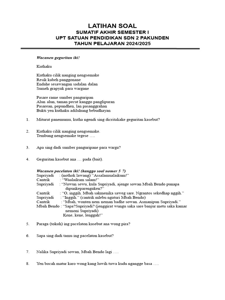 Latihan Soal Sas B. Jawa | PDF