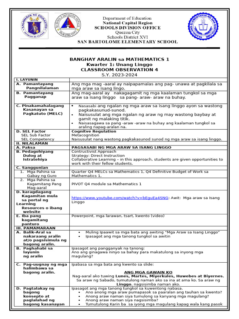 Co 4 - Mathematics 1 - Lesson Plan | PDF