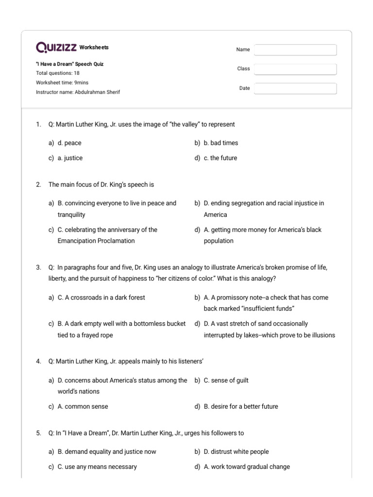 "I Have a Dream" Speech Quiz Worksheet | PDF | Martin Luther King Jr.