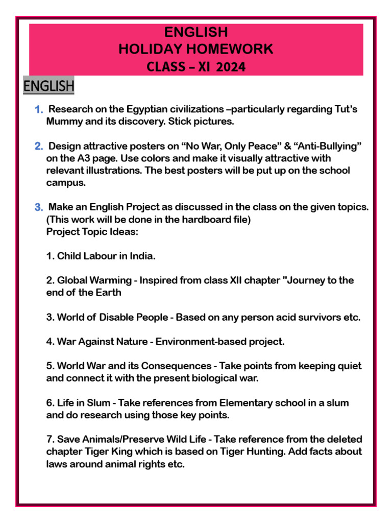 2024 Holiday Homework Class XI ENGLISH & GST | PDF