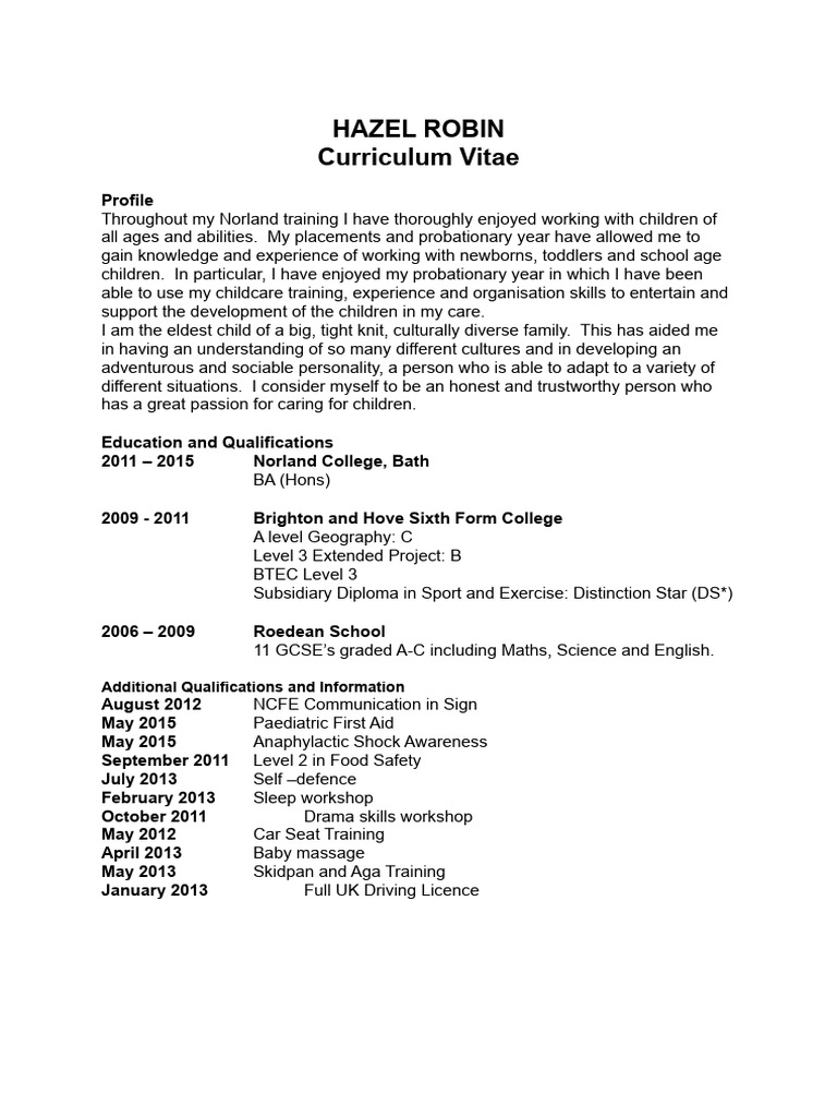 Hazel Robin Curriculum Vitae: Additional Qualifications and Information ...