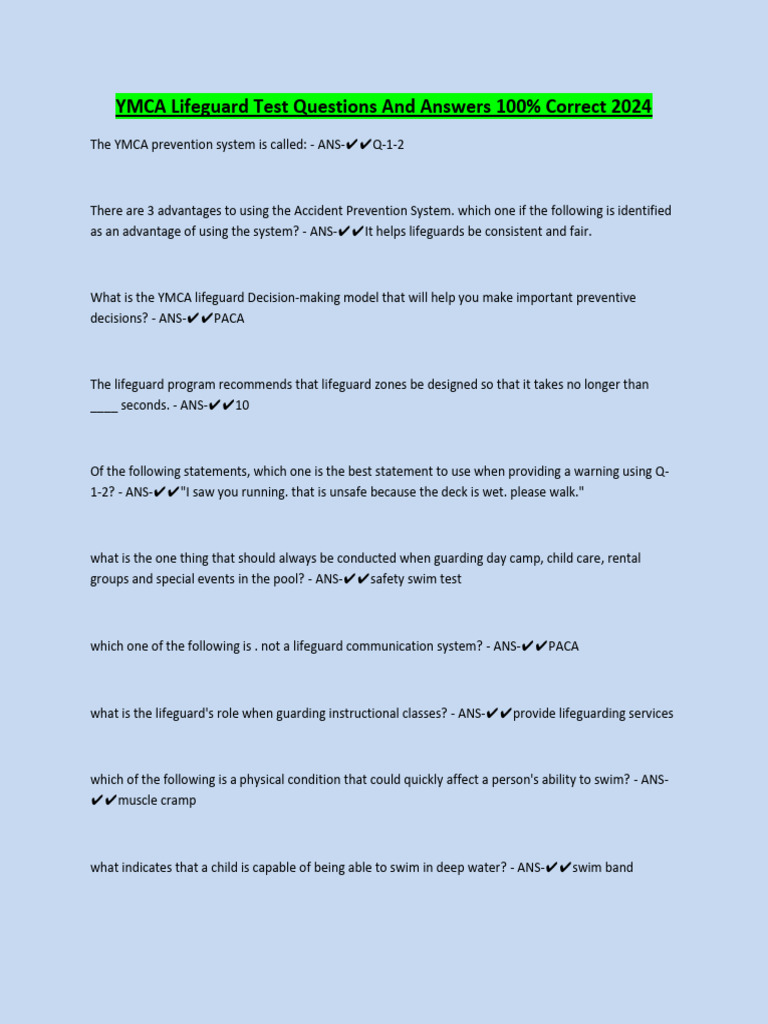 YMCA Lifeguard Exam Answers 2024 | PDF | First Aid | Swimming