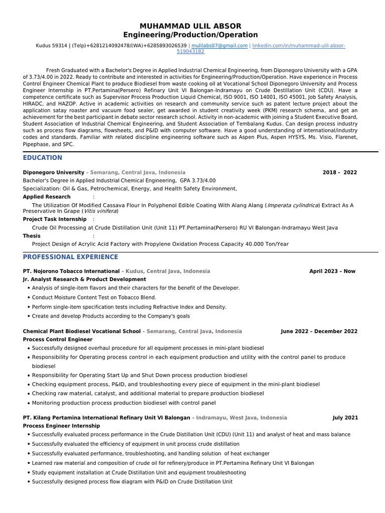 CV - Muhammad Ulil Absor | PDF | Oil Refinery | Biodiesel