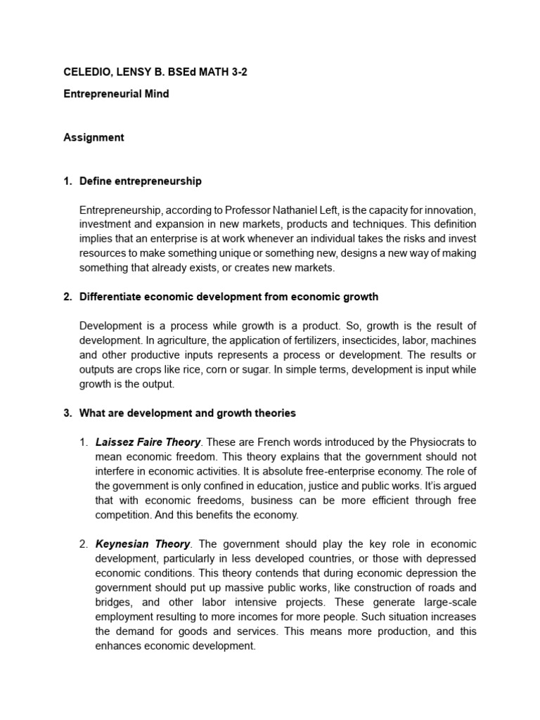 Celedio, L - Entrepreneurial Mind - Assignment | PDF | Entrepreneurship | Economic Growth