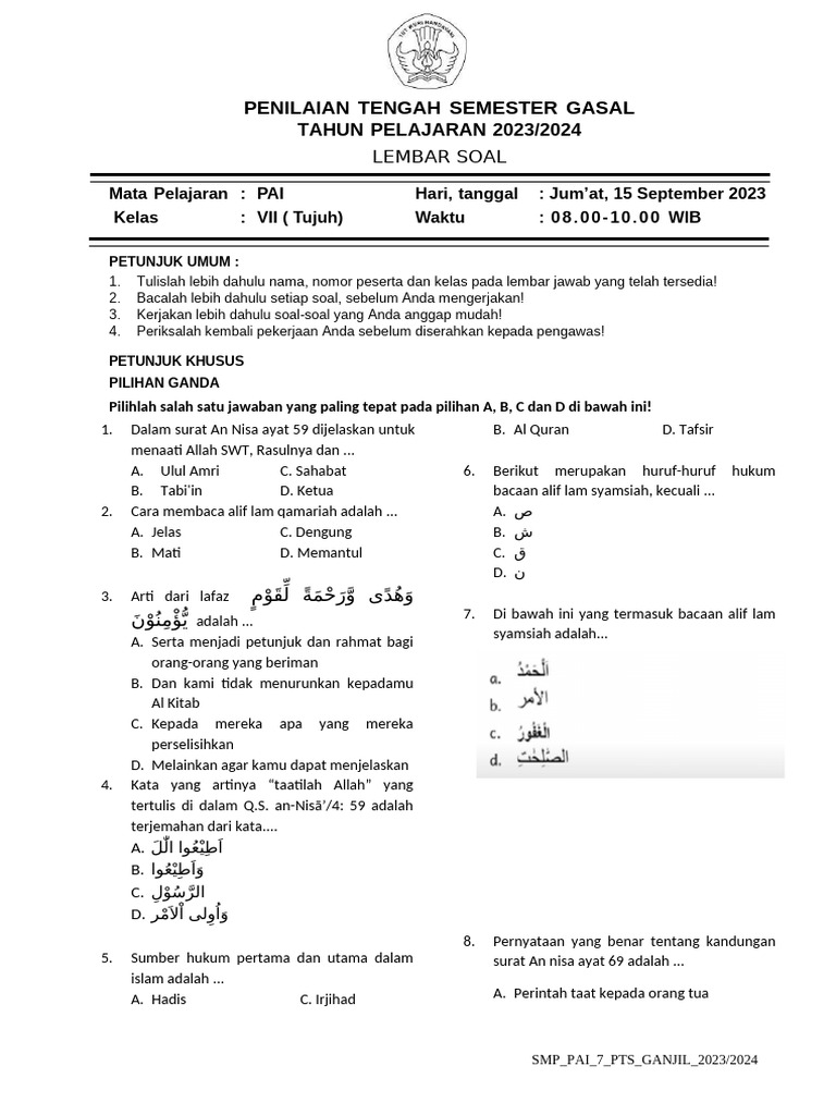 Soal PTS - Pai 7 - SMPN 03 KP 2023 - 2024 - Cetak | PDF