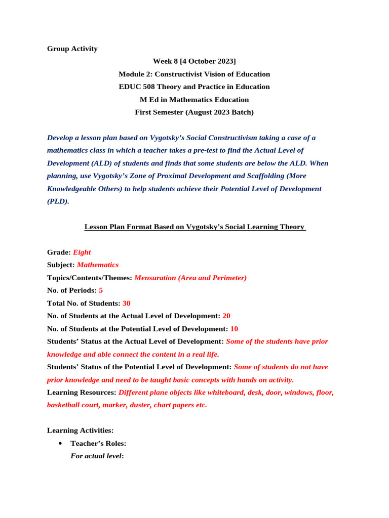 Lesson Plan Based On Vygotskys Social Constructivism | PDF ...