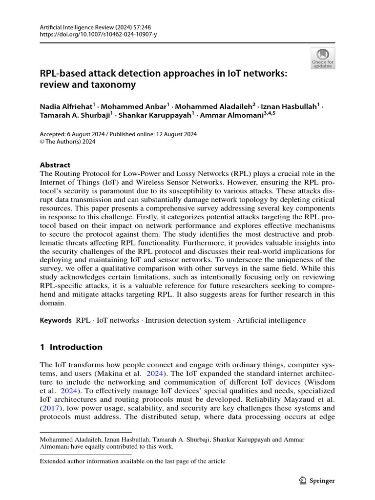 RPL Based Attack Detection Approaches in Iot Networks: Review and Taxonomy | PDF | Computer ...
