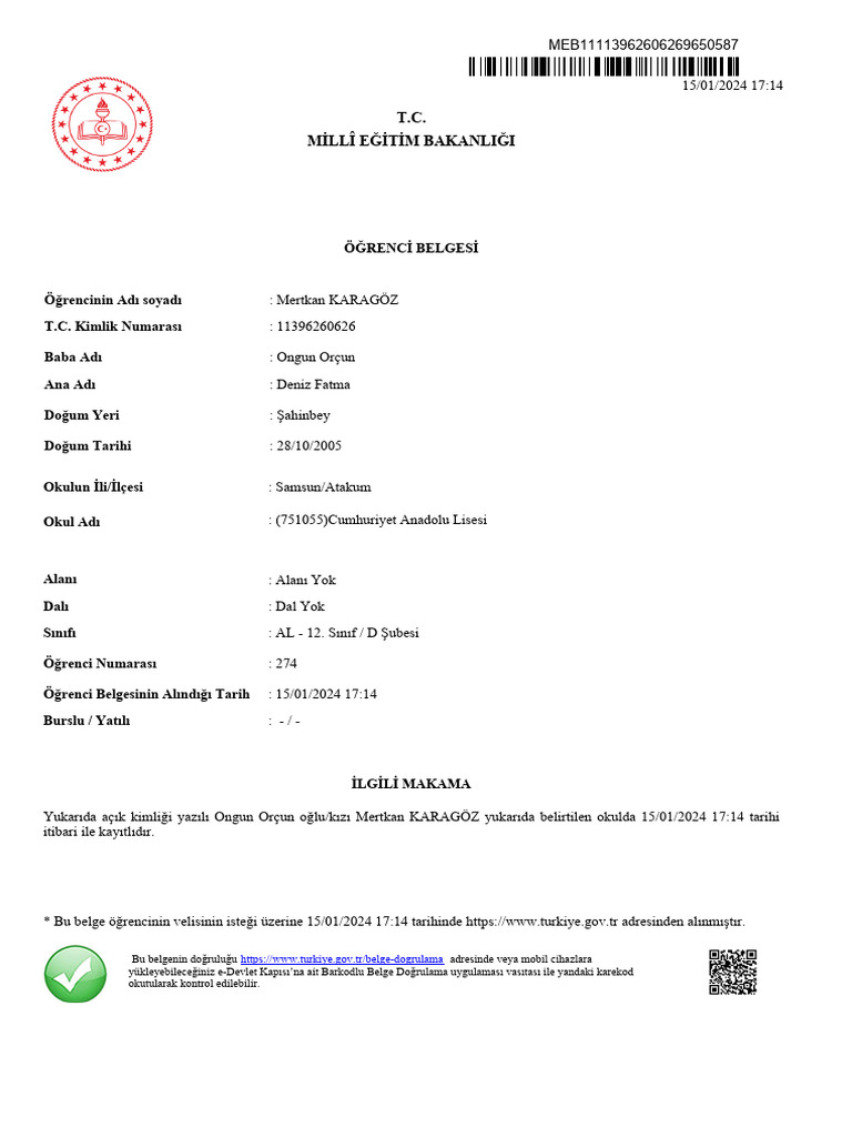 Ogrenci Belgesi 11396260626 | PDF