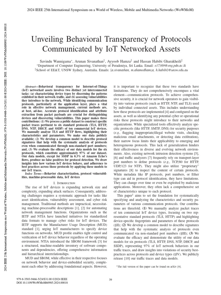 Unveiling Behavioral Transparency of Protocols Communicated by IoT Networked Assets | PDF ...