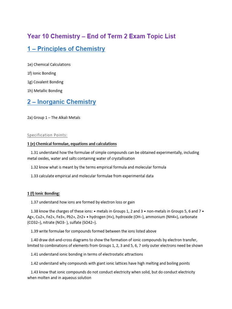 Year 10 Chemistry - Topic List End of Term 2 | PDF | Chemical Bond ...