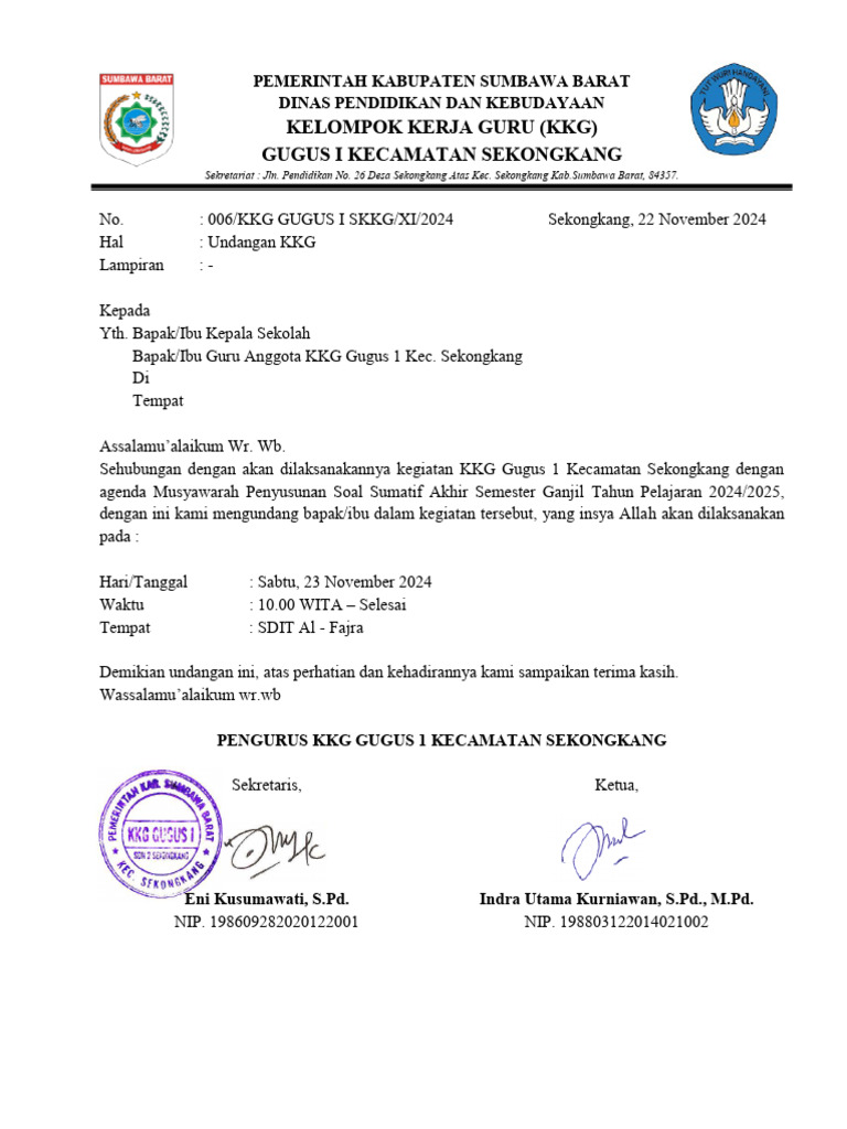 Surat Undangan KKG Bulan November 2024 | PDF