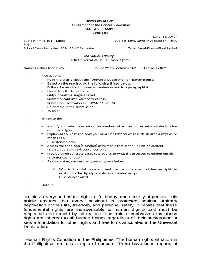 Individual Activity 5 - On Universal Value-Human Rights | PDF | Human ...
