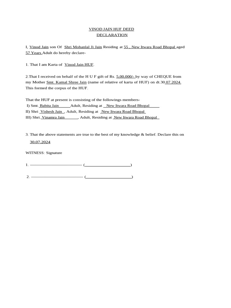 HUF Creation Deed | PDF