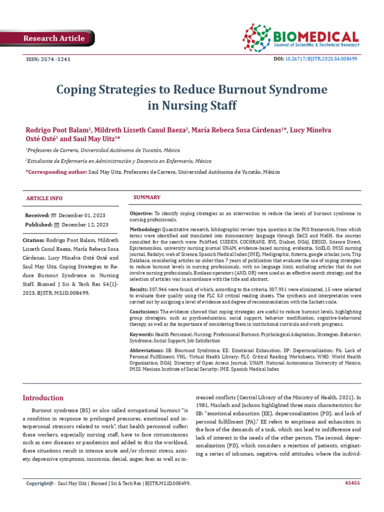 Coping Strategies To Reduce Burnout Syndrome in Nu | PDF | Occupational ...