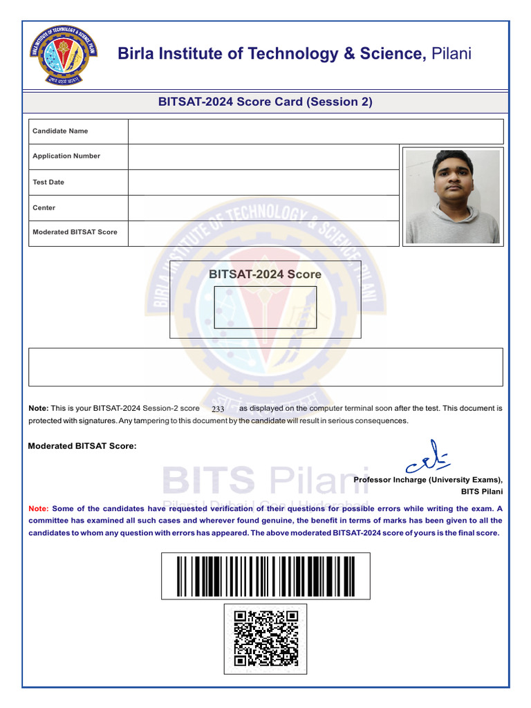 Bitsat Score Card | PDF