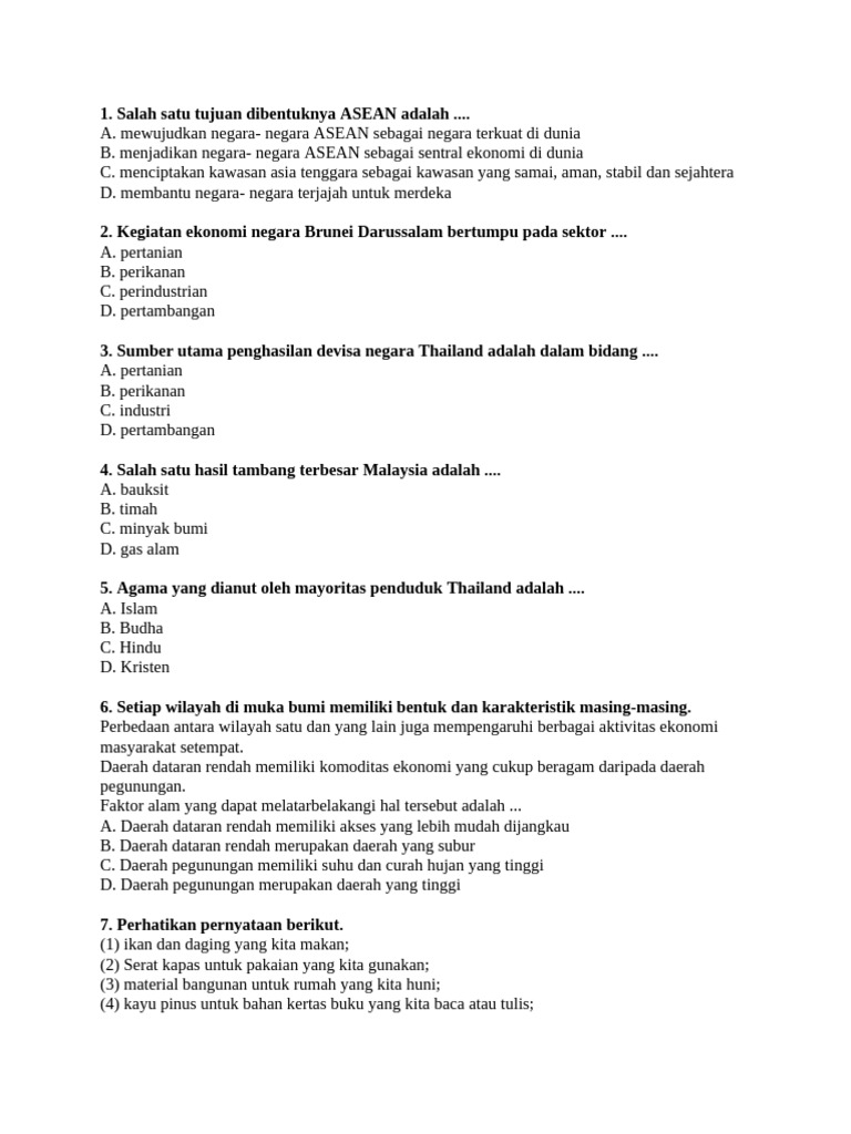 Kuis IPS: ASEAN, Ekonomi, dan Sejarah Indonesia | PDF