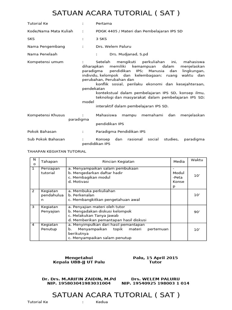 SATUAN ACARA TUTORIAL Materi Dan Pembelajarn SD | PDF