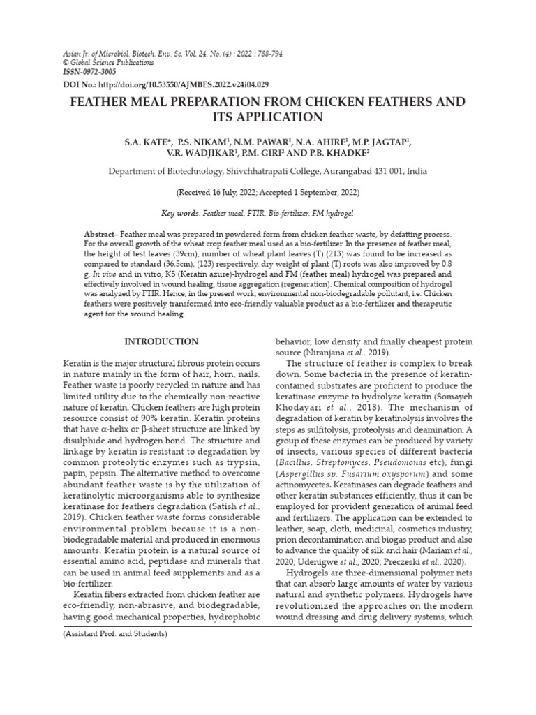 Feather Meal Preparation From Chicken Feathers and | PDF | Proteolysis ...