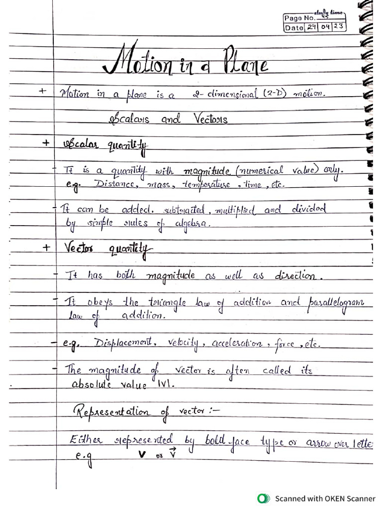 Motion in A Plane Class 11th Physics Handwritten Notes NEET | PDF