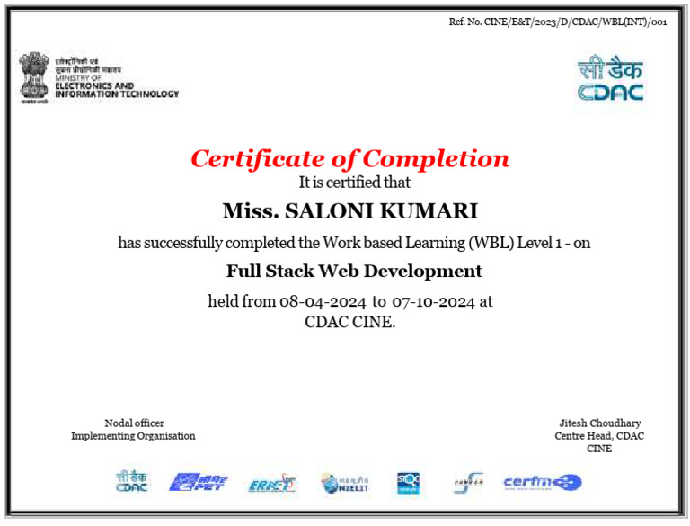 Final Certificate of Saloni | PDF