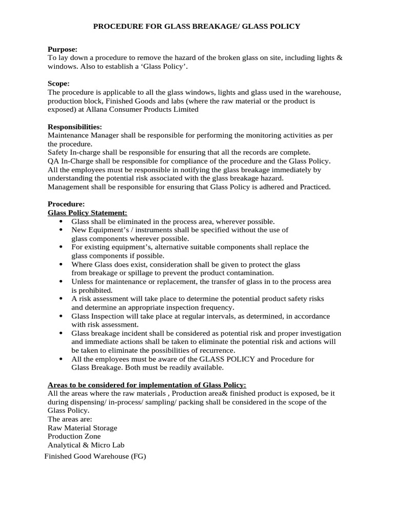 SOP-Glass Breakage Management | PDF | Personal Protective Equipment | Risk