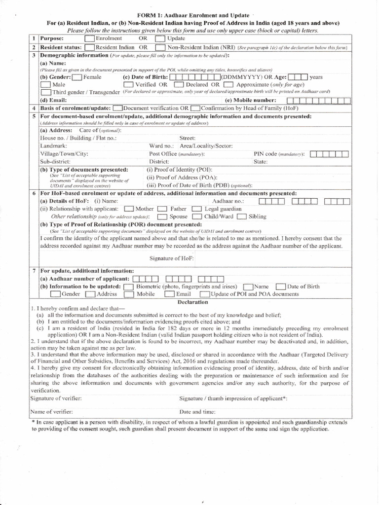 Adhar Form 1 | PDF