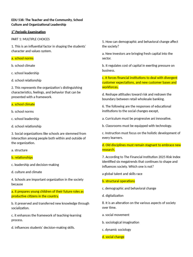 Edu 536 Reviewer With Key | PDF | Teachers | Leadership