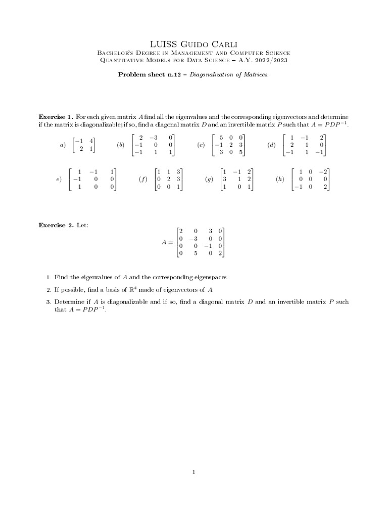 Matrix Diagonalization Exercises | PDF | Eigenvalues And Eigenvectors ...