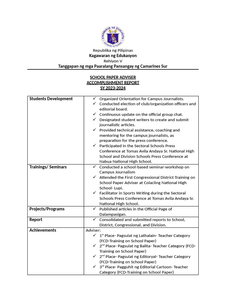 School Paper Adviser Accomplishments 2023 | PDF