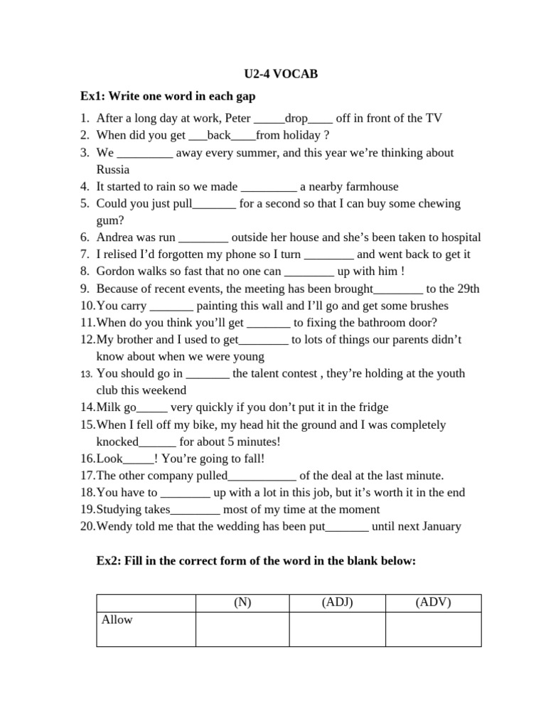 U2-4 Vocab Ex1: Write One Word in Each Gap | PDF