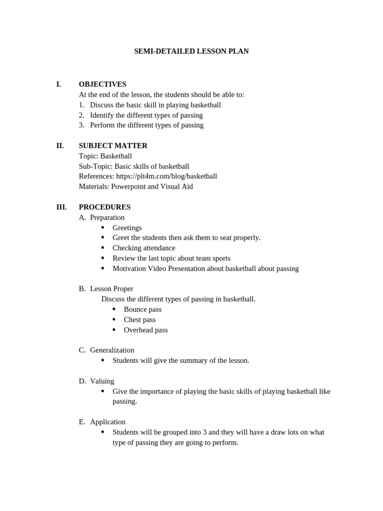 Semi Detailed Lesson Plan Basketball | PDF