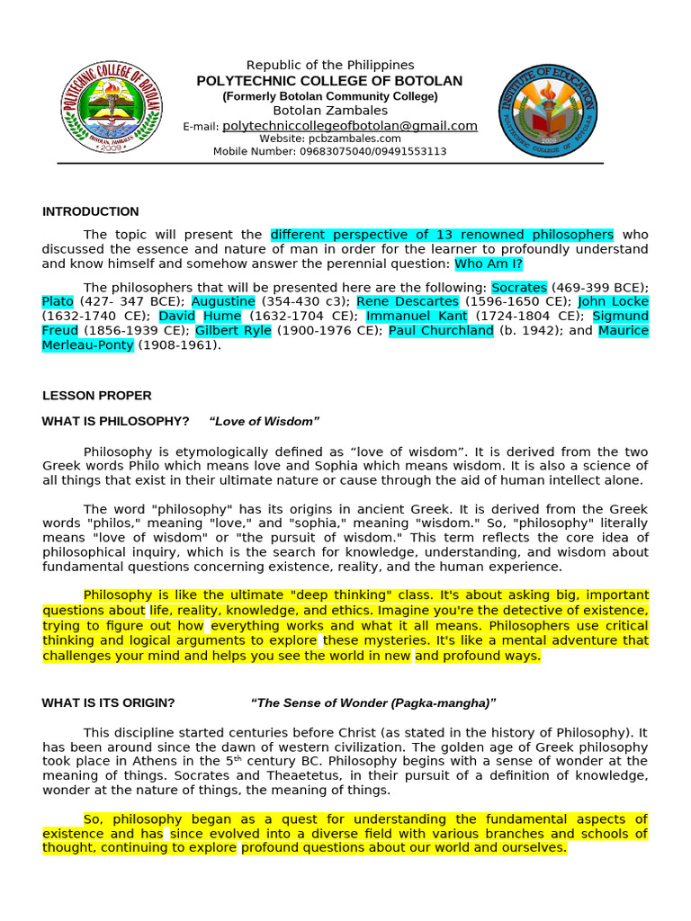 Val1 Lesson 01 Handouts Reviewer | PDF | Id | Philosophy Of Self