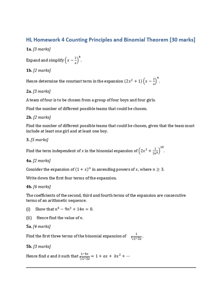 HL Homework 4 Binomial Counting Principles | PDF