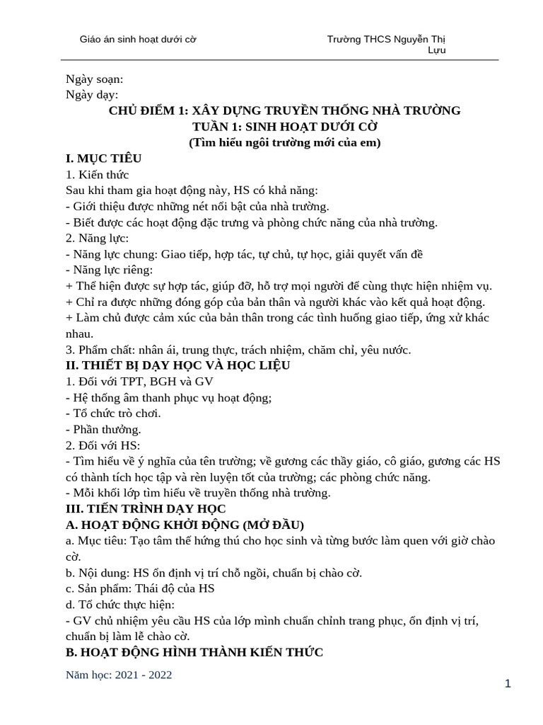 Giao An Sinh Hoat Duoi Co - HDTNHN 6 | PDF