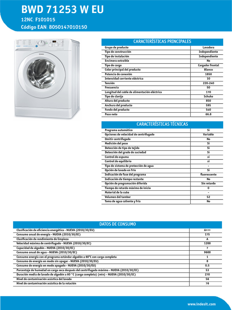 Lavadora Indesit BWD 71253 W EU A+++ | PDF | Agua | Lavadora