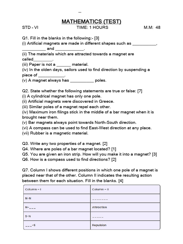 Magnetism Test for Grade VI | PDF